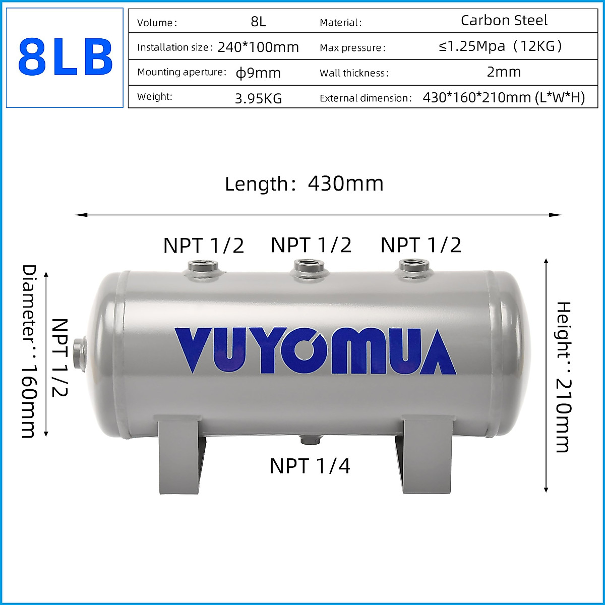 VUYOMUA Carbon Steel High Pressure Mini Small Portable Air Tank Air Reservoir Storage Tank (8LB)