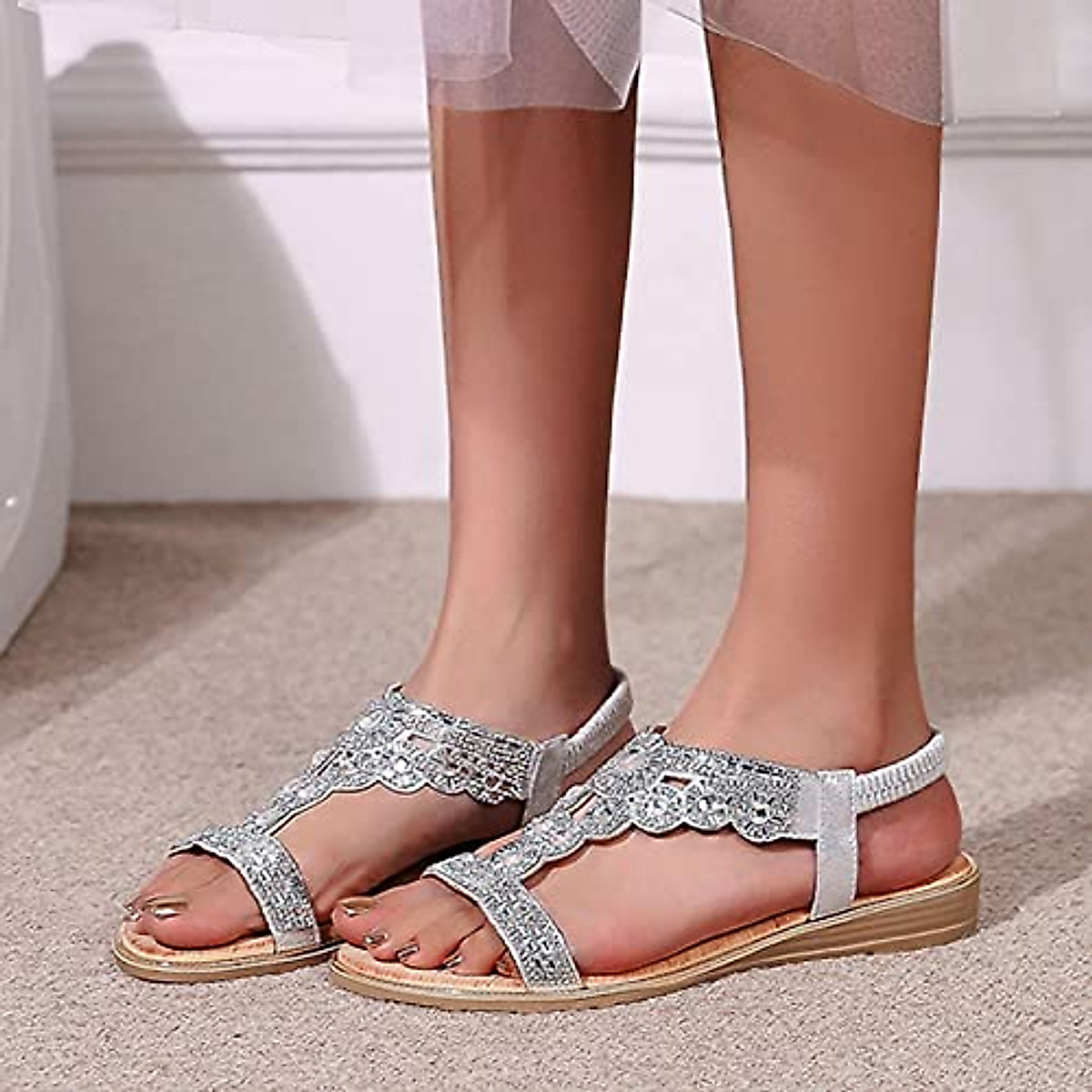 Women's Flat Sandals Summer Beach Sandal Casual Beaded Elastic Sandals T-Strap Rhinestone Beaded Bohemia Shoes (Silver, 8)