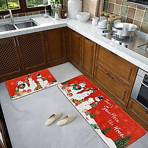 ASPMIZ 2 Pcs Merry Christmas Kitchen Rugs, Red Winter Area Rug Set of 2 Non Slip Washable, Absorbent Anti Fatigue Snowmen Kitchen Mat for Laundry Bathroom Bedroom Xmas Decor, 17'' x 47'' + 17'' x 30''