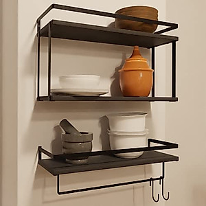 Wall Mounted Floating Shelves Set of 2 with Tissue Rack, Towel Bar & Hooks, Storage Rack for Bathroom, Kitchen, Livingroom, Bedroom & Garage - Black