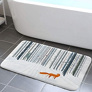 JAWO Winter Christmas Bath Mat Snow Covered Pine Trees Winter Season Animal Red Fox and Cardinals Idyllic Seasonal Scenery Bathroom Decor Bath Rug Non Slip Soft Rugs 29 x 17 Inches