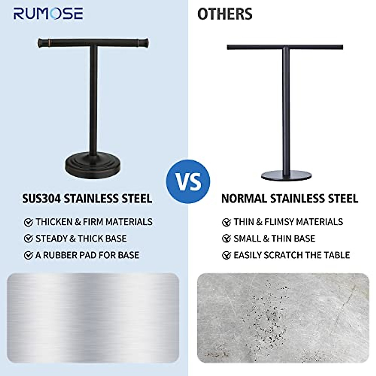 RUMOSE 10 Inch Oil Rubbed Bronze Towel Stand Hand Towel Holder Bathroom Kitchen Vanity Countertop T-Shape Towel Rack Free Standing Stainless Steel Towel Bar Towel Ring