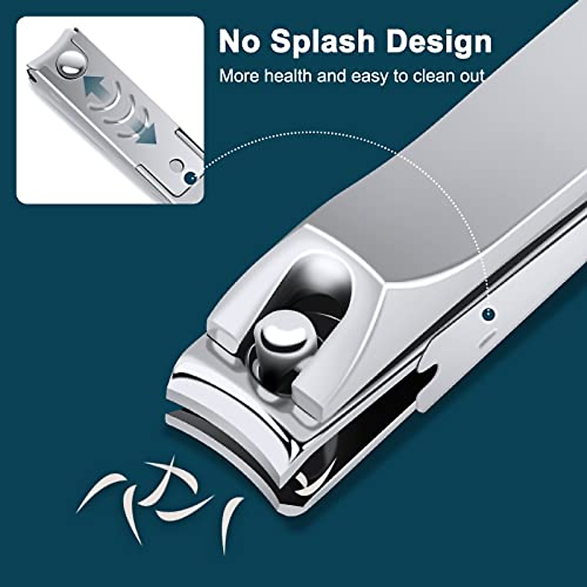 Nail Clippers Set with Catcher, Anti Splash Fingernail and Toenail Clipper Cutters with Glass Nail File for Men Woman, Stainless Steel Nail Clippers for Thick Nails or Ingrown Nails, Large, Silver