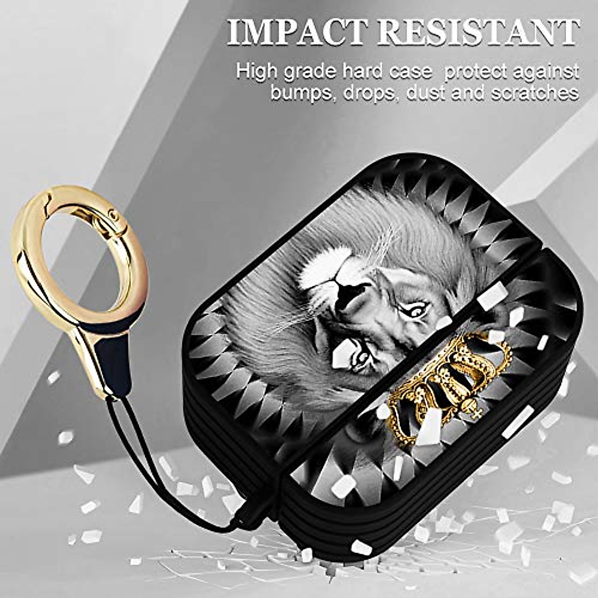 Black Hard Plastic Case for Airpods Pro Magnetic Lock Full Body Protective Shockproof Cover Lion Design Wireless Charging Case with Ring for Airpods Pro