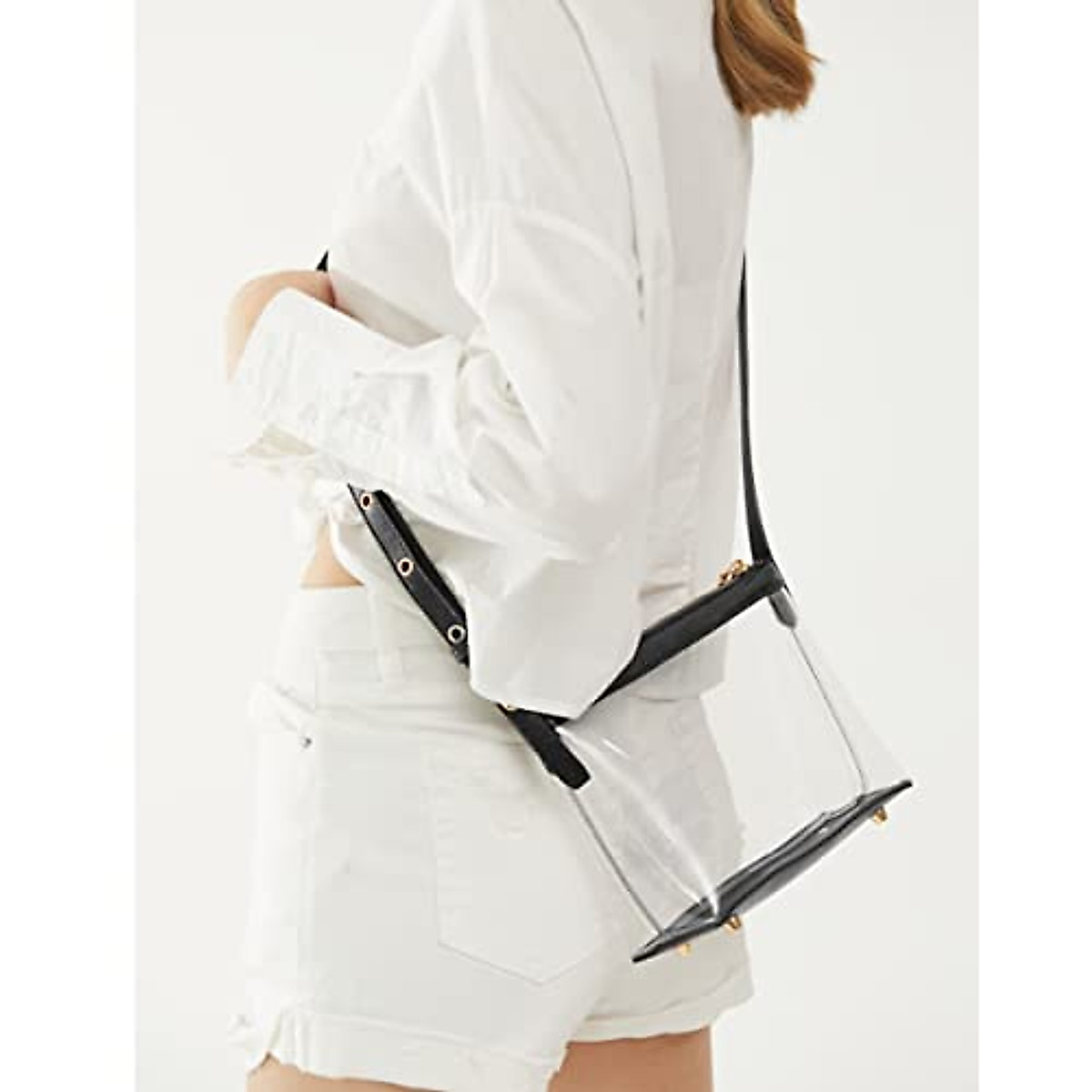Clear Zipper Cross Body Bag with Vegan Leather Trim (Black)
