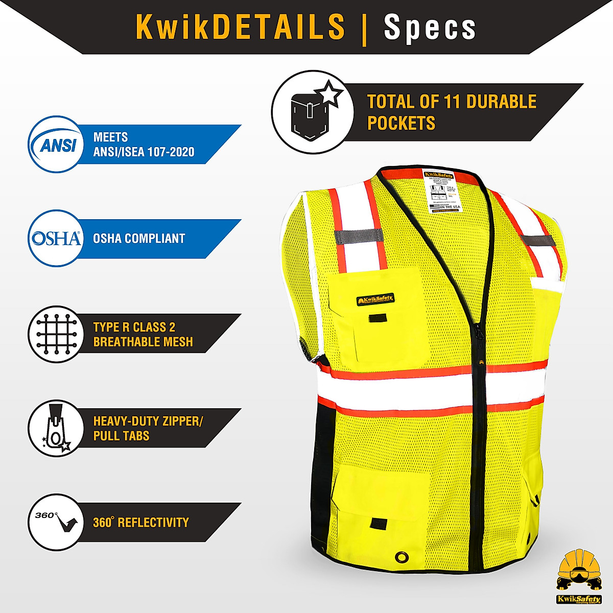 KwikSafety - Charlotte, NC - BIG KAHUNA Safety Vest [11 Pockets] Class 2 ANSI OSHA Reflective High Visibility Heavy Duty Surveyor Construction Lightweight Industrial Work Gear/Yellow Medium