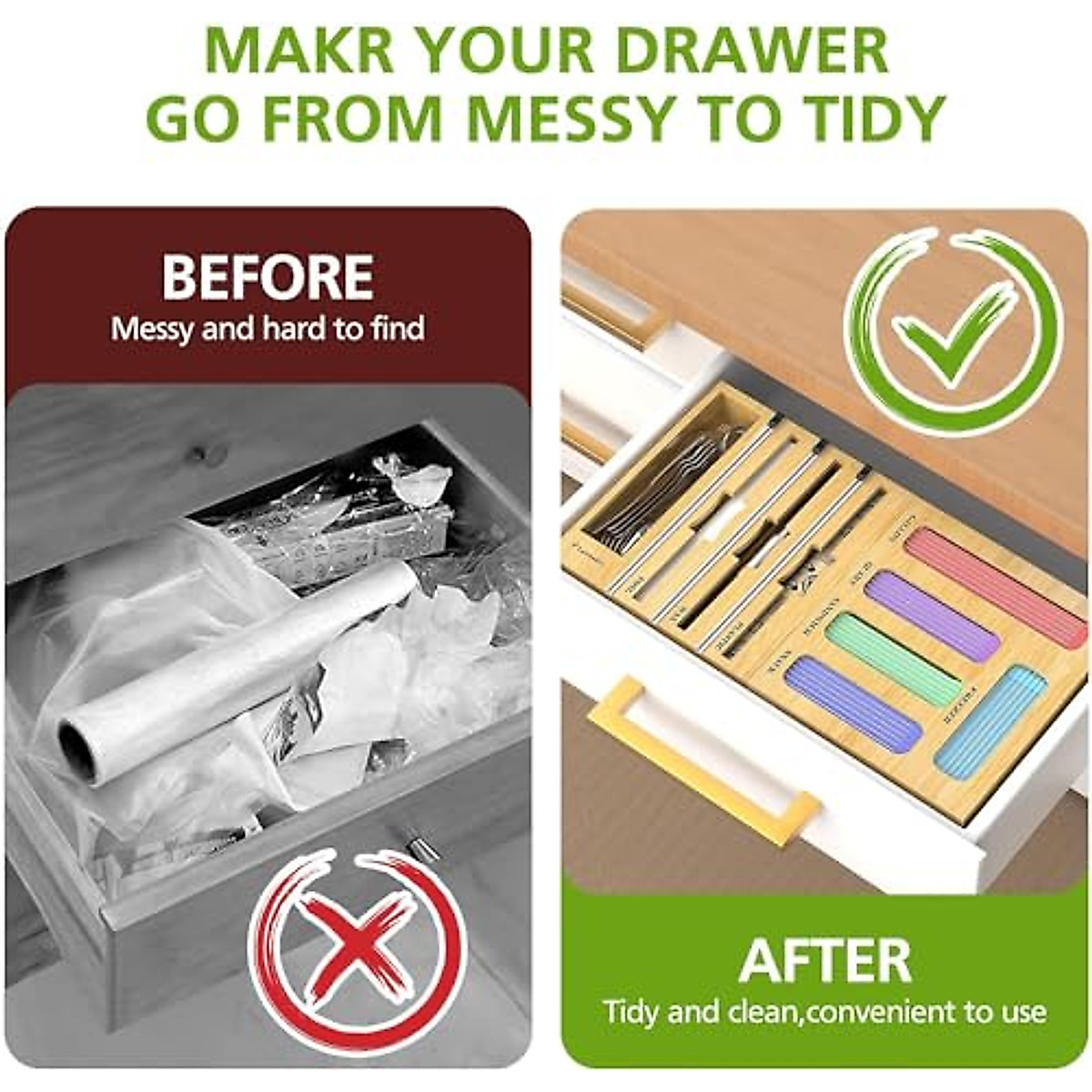 Lawmoliw Bag Storage Organizer for Kitchen Drawer, 9 in 1 Foil and Plastic Wrap Dispenser with Cutter, Bamboo Plastic Bag Food Baggie Organizer for Gallon, Quart, Sandwich, Snack, Freezer