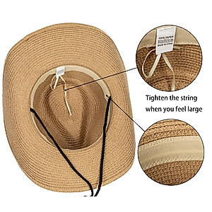 Eohak Shapeable Womens Straw Cowboy Hat Panama Wide Brim Cowgirl Western-Hat with Belt Summer Beach Hat
