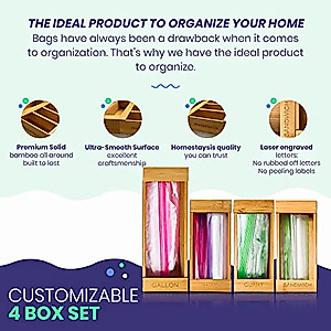 Homestaysis Premium Bamboo Ziplock Bag Storage Organizer for Kitchen Drawer, 4 Separate Box Organizer w/Plastic Bag Drying Rack, Baggie Holder Dispenser Compatible w/Gallon, Quart, Sandwich