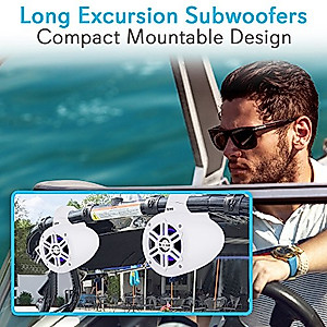 Pyle Waterproof Marine Wakeboard Tower Speakers - 4in Dual Subwoofer Speaker Set w/LED Lights & Bluetooth for Wireless Music Streaming - Boat Audio System w/Mounting Clamps PLMRLEWB47WB (White)