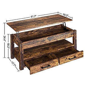 FABATO Lift Top Coffee Table with 2 Storage Drawer Hidden Compartment Open Storage Shelf for Living Room Dining Table Reception Room Rustic Brown