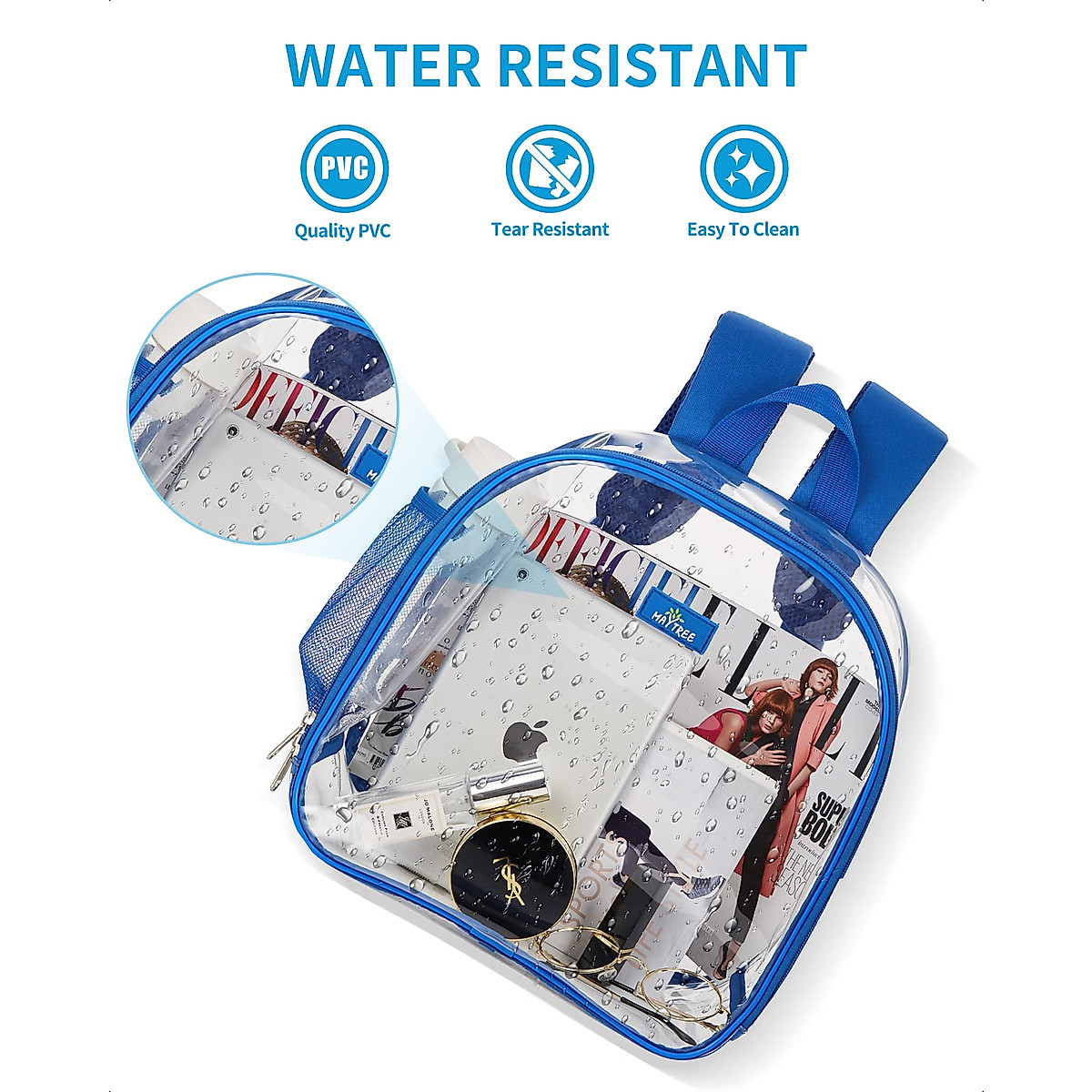 Bgenius Clear Backpack Stadium Approved, Small Clear Backpack with Padded Shoulder Straps for School Security Travel Concert Sport Events - Blue