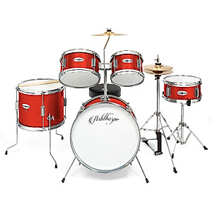 Ashthorpe 5-Piece Complete Junior Drum Set with Genuine Brass Cymbals - Advanced Beginner Kit with 16" Bass, Adjustable Throne, Cymbals, Hi-Hats, Pedals & Drumsticks - Red