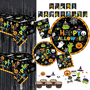 Serves 30 Complete Party Pack Cute Halloween Monsters and Ghosts 9" Dinner Paper Plates 7" Dessert Paper Plates 9 oz Cups 3 Ply Napkins 2 Table Cover Halloween Banner Halloween Party Decorations Halloween Party Supplies