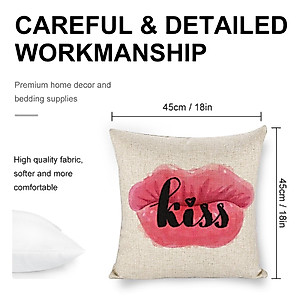 Pink Lipstick Watercolor Throw Pillow Covers 18×18 Pillowcases Set of 1 Kiss Valentine Mouth Linen Decorative Square Pillow Case Cushion Covers Standard Size for Sofa Couch Outdoor Bed Pillow Protecto