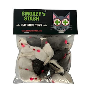 Smokey's Stash Rabbit Fur Mouse Cat Toy 12 per Pack White and Gray Fuzzy Toys for Cats with Rattle Realistic Fake mice (12)