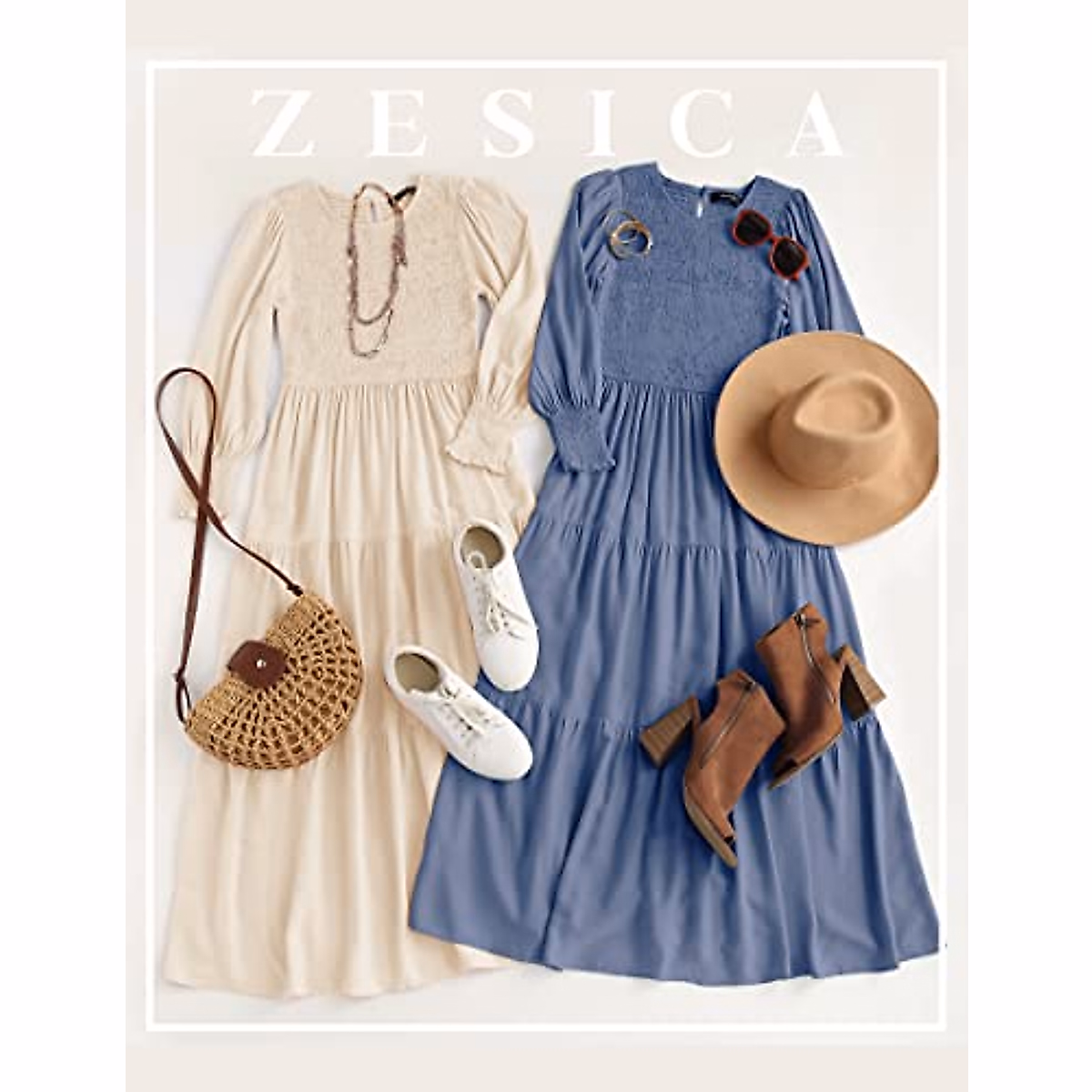ZESICA Women's 2023 Casual Long Sleeve Crew Neck High Waist Smocked Flowy Tiered Midi Dress,Beige,Medium