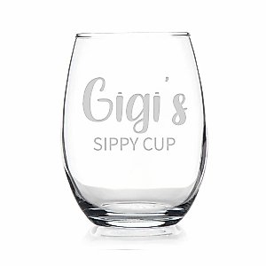HTDesigns Gigi's Sippy Cup Stemless Wine Glass - Mother's Day Gift Gigi Wine Gift - First Time Gigi New Gigi Gift - Gigi Wine Glass