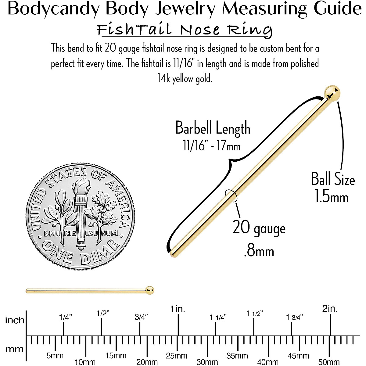 Body Candy Solid 14k Yellow Gold 1.5mm Ball Straight Fishtail Nose Stud Ring 20 Gauge 17mm