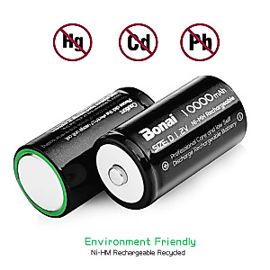 BONAI LCD Universal Battery Charger for AA, AAA, C, D, 9V Ni-MH Ni-CD Rechargeable Batteries with Rechargeable D Cells 10,000mAh 1.2V Ni-MH High Capacity High Rate D Size Battery (4-Counts)