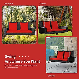 RELAX4LIFE Porch Swing 2-Seat Patio Rattan, Wicker Porch Swings Outdoor W/ Two 7.9 Ft Solid Steel Chain, Comfortable Back & Seat Cushions, for Front Porch, Garden, Backyard Patio Swing (Red)