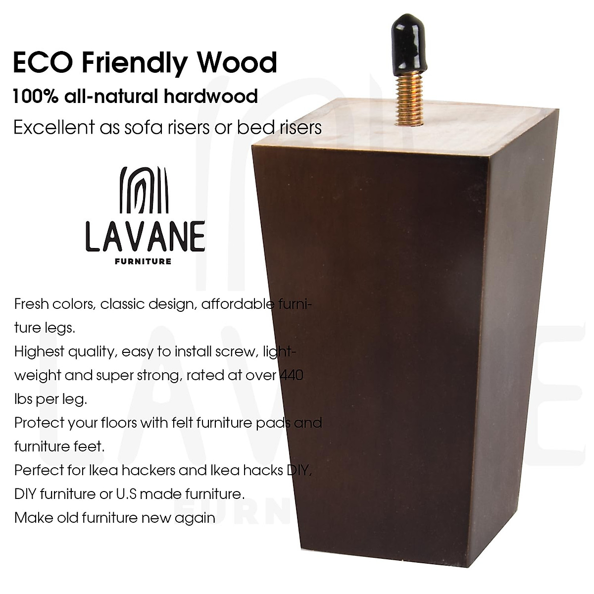 La Vane 5 inch Wooden Furniture Legs, Set of 4 Solid Wood Square Walnut Mid-Century Modern M8 Replacement Bun Feet with Pre-Drilled 5/16 Inch Bolt & Mounting Plate & Screws for Couch Sofa Armchair