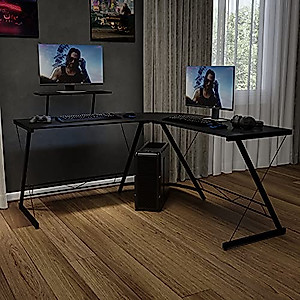 Flash Furniture Ginny Corner Desk - Black/Black Space Saving L-Shaped Gaming Desk with Monitor Shelf - 71.5" 2-Tier Computer Desk, Home Office Desk, Easy Assembly