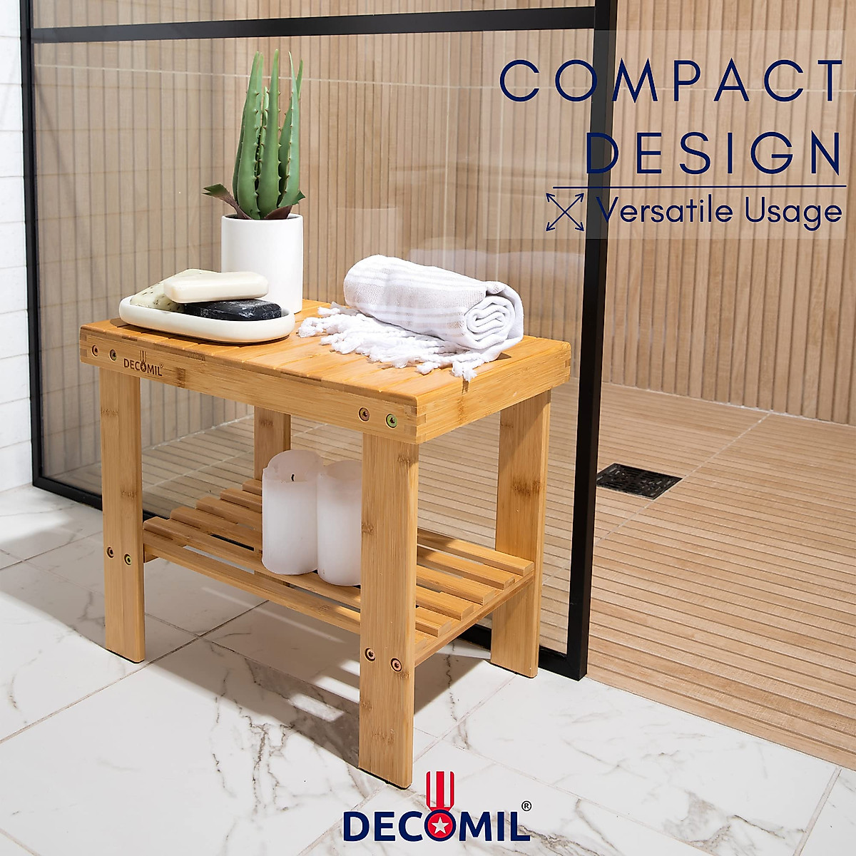 DECOMIL - Bamboo Shower Bench 16”, Foot Rest Shaving Stool with Storage Shelf | Nonslip Feet & Waterproof Bathing Bench | Perfect for Indoor and Outdoor Use