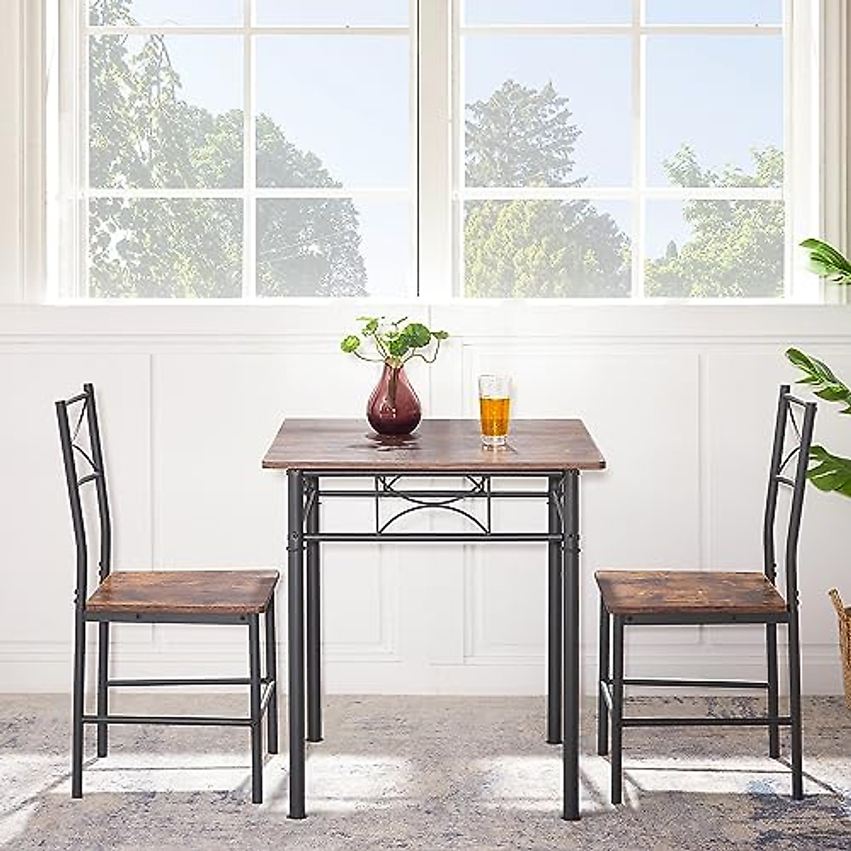 DREAMWZC 3-Piece Space-Saving Square Dining Table with Two Chairs,Perfect for Small Dining Rooms, Living Rooms, and Balconies,Brown