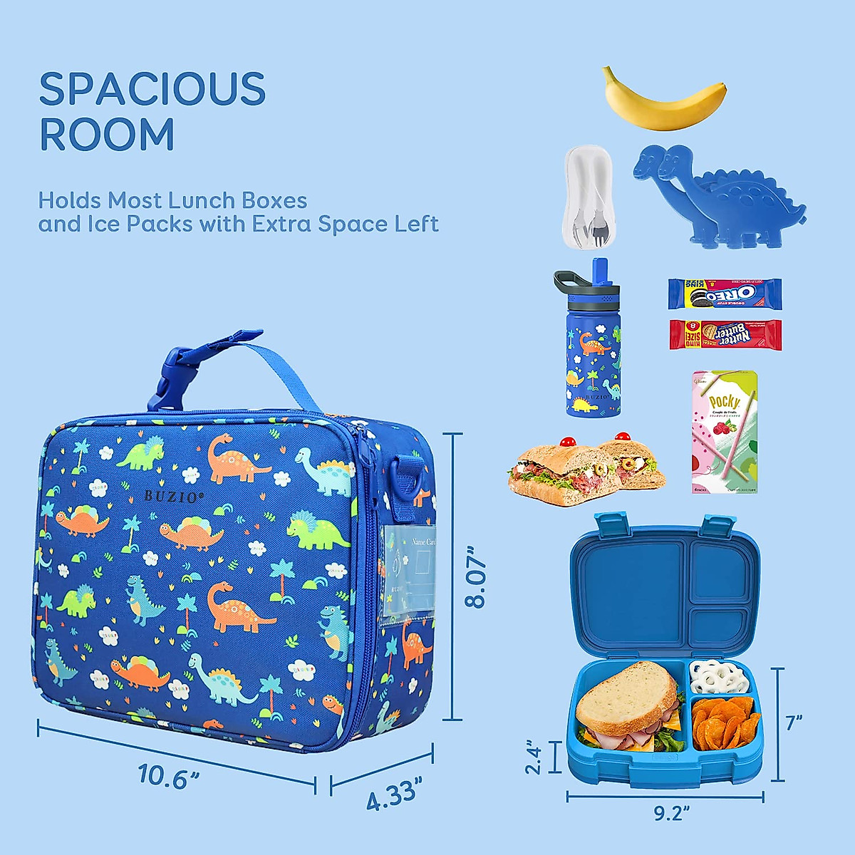 Kids Lunch Box Insulated with 2 Reusable Ice Packs, Large Lunch Bag Soft, Double Insulated, Durable, Water-Resistant Fabric with Zippered Pockets and Bottle Holder, Thermal Meal Tote Kit, Dinosaur