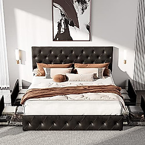 HOOMIC King Platform Storage Bed Frame with 4 Drawers & Adjustable Headboard, Wooden Slats, No Box Spring Needed,Diamond Stitched Button Tufted Design, Noise Free, Black Brown