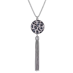 Long Tassel Pendant Necklaces For Women - Faux Pearl Necklace with Silver Chain, Fashion Jewelry For Lady(Leopard gray)