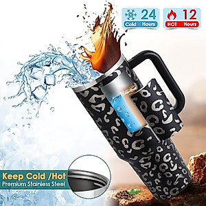 PIMDIR Black 40oz Leopard Tumbler With Handle Straw Lid, Insulated Stainless Steel Travel Cup iced Coffee Mug Keep Cold, Birthday Gifts For Women Men Lovers, Car Cup Holder Friendly