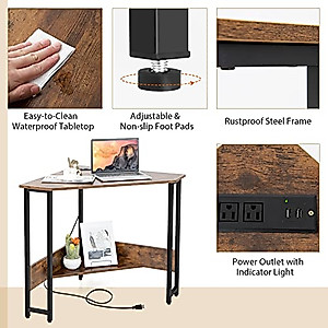 Tangkula Corner Desk with Power Outlet & USB Ports, Triangle Computer Desk with Charging Station, Storage Shelf, Space Saving Writing Desk, Vanity Table, Corner Desk for Small Space (Rustic Brown)