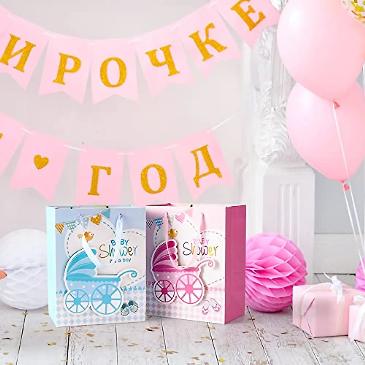 Gift Bags for Baby Shower - 2 Pack Glittery Baby Bags for Girls and Boys with Satin Ribbon Handles, Middle Size Baby Gift Bags with Lovely Pattern for Baby Shower, Guests, Favor Gifts and More (8.7’’x10.2’’x4.7’’, 1 Pack for Boy and 1 Pack for Girl)