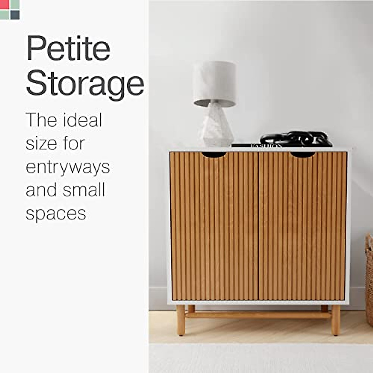 Stead Fluted Sideboard Storage Cabinet - Mid Century Modern Accent Cabinet with Doors - Great in Living Rooms, Bedrooms, and Entryways (White and Oak)