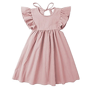 Toddler Baby Girl Dress Summer Cotton Linen Ruffle Halter Sleeveless Kids Casual Beach Party Dresses 2-7 Years (Pink, 3-4T, 3_years)