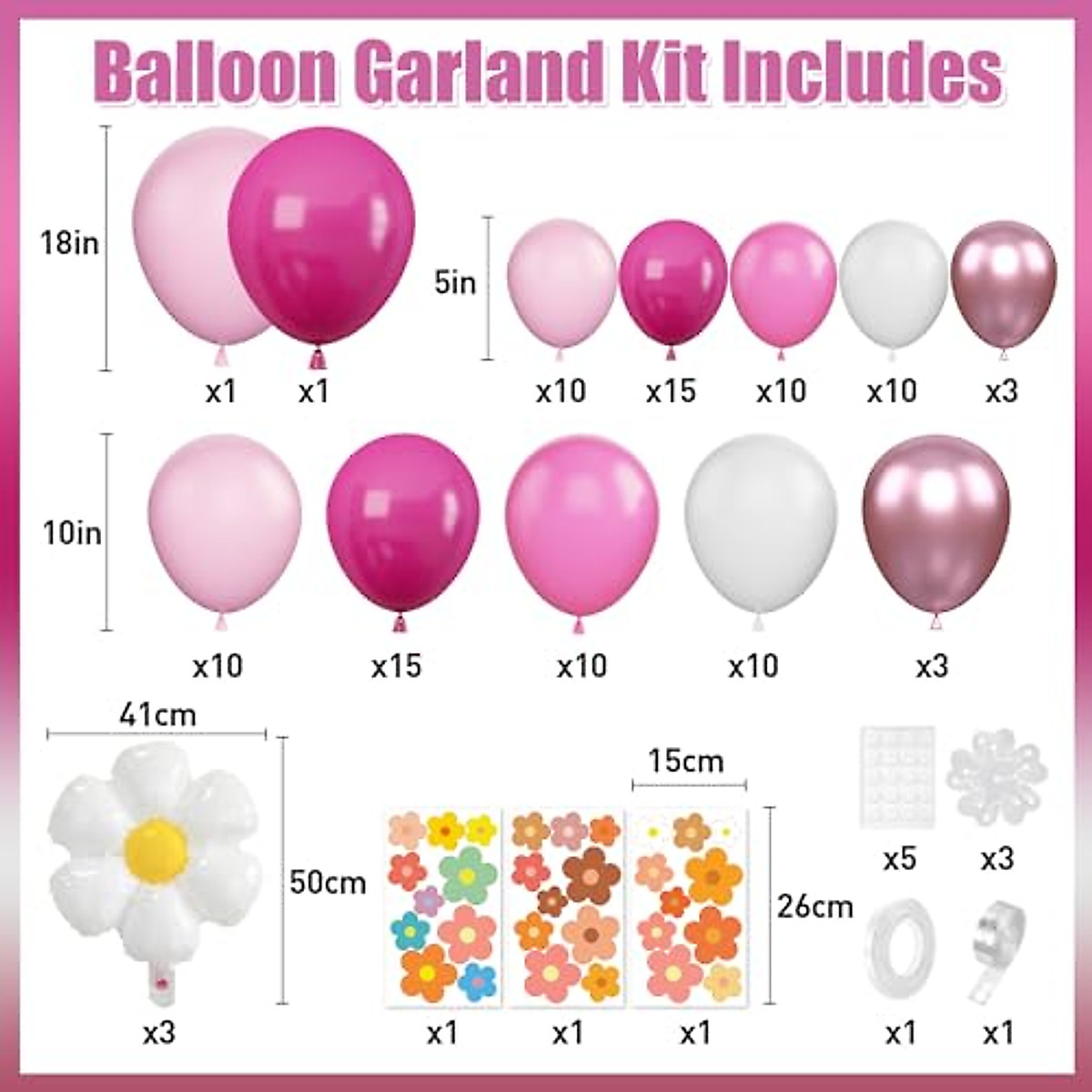 Hot Pink Balloons Arch Kit,Pink White Daisy Flower Garland with Metallic Red Balloons for Birthday Party Baby Shower Baptism Bridal Engagement Wedding Decorations