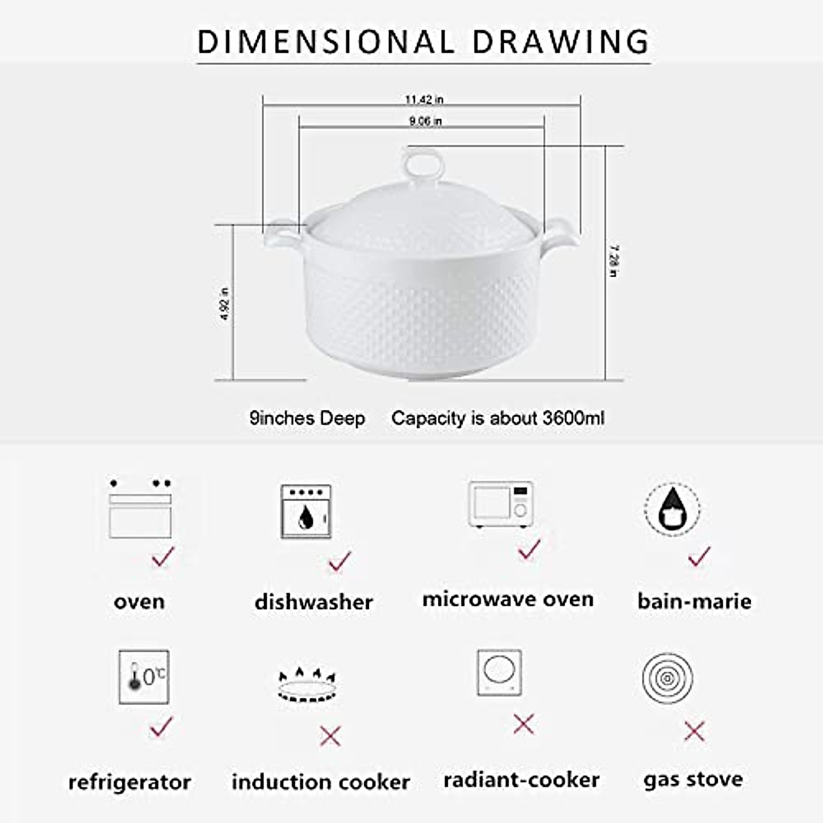 SOOMILE Ceramic Soup Tureen With Lid Lovely Serving Tureens With Lid , White, Round, 3.6L