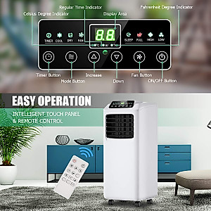 COSTWAY 8000 BTU Portable Air Conditioner, 3-in-1 Air Cooler w/Built-in Dehumidifier, Fan Mode, Sleep Mode, Remote Control& LED Display, Rooms Up to 230+ Sq. ft, for Home Office (White and Black)