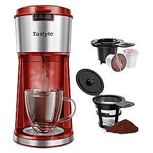 Single Serve Coffee Maker, with Reusable Ground Basket and Pod Holder, Easy to Use and Clean, One Cup Coffee Maker with Bold Brew, Descaling Reminder, Fits Travel Mug, 6 to 14 Oz Brew Size, Red