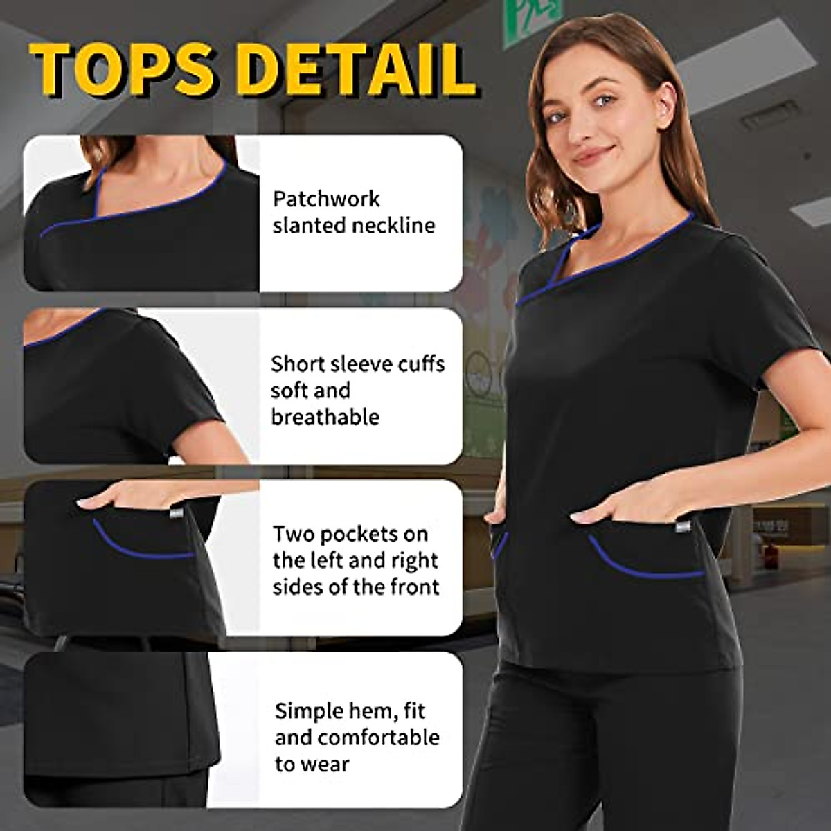 niaahinn Scrubs Sets for Women Nurse Scrub Uniform Top & Jogger Pant Clothes Stretchy Short Sleeved Suit Slanted V-Neck Design (Black,L,Large)