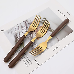 Silverware Set with Holder - Uniturcky Hanging Flatware Set with Stand - 24PCS Cutlery Set with Faux Wooden Handle - Stainless Steel Utensils Set for Home Restaurant Party (Gold, Service for 6)