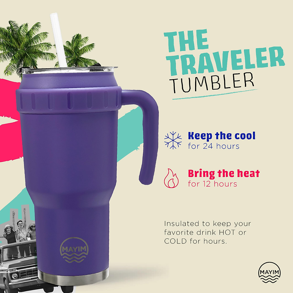 Mayim 40oz Tumbler with Handle, Travel Coffee Mug or Insulated Water Bottle with Straw and Lid, Leak Proof Stainless Steel Double Wall Thermos for Home, Office or Car - Violet