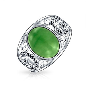 Bling Jewelry Boho Bali Oval Cabochon Dyed Green Jade Rope Scroll Filigree Statement Band Ring For Women .925 Sterling Silver August Birthstone