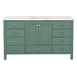 Kitchen Bath Collection Horizon 60-inch Single Bathroom Vanity (Engineered Carrara/Sage Green): Includes Sage Green Cabinet with Engineered Carrara Countertop and White Ceramic Sink