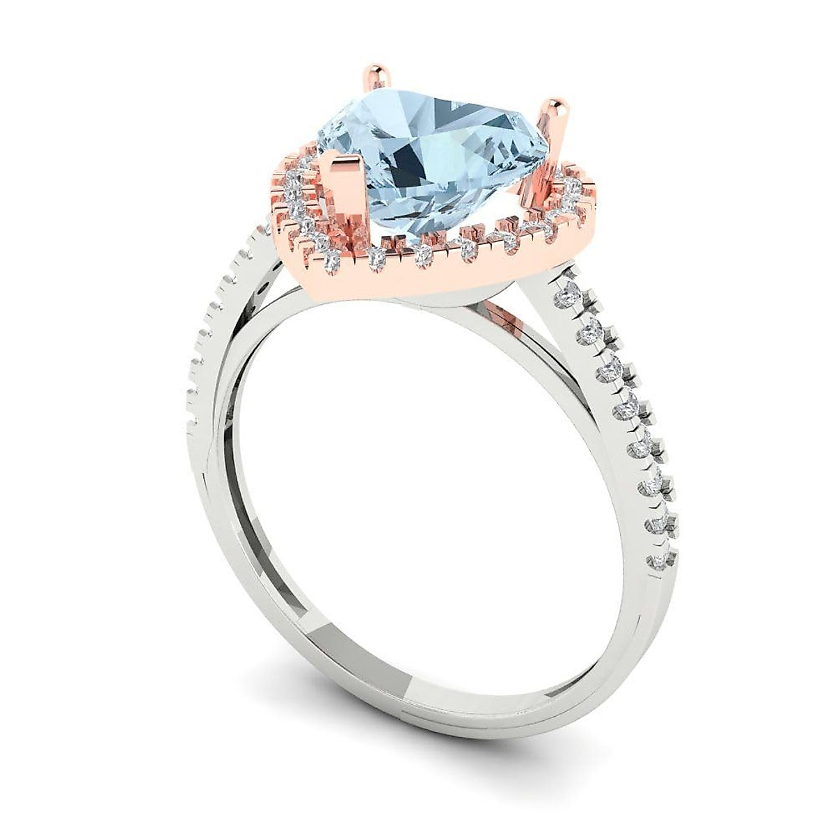 Clara Pucci 2.3ct Heart Cut Solitaire Halo Sky Blue Aquamarine Designer Wedding Bridal art deco Anniversary Ring 14k 2 Tone Gold 11