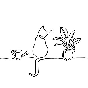Minimalist Cat Wall Art - 14x11" UNFRAMED Print - Cat Line Drawing Wall Art With Plants - Black And White Wall Decor - Cat Lover Gifts
