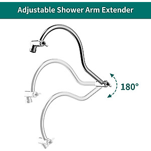 All Metal 16 Inch Solid Brass Adjustable Curved Shower Head Extension Arm Flexible Height & Angle Shower Arm Extender with Lock Joints,Universal Connection Stainless Steel Pipe Height Extending,Chrome