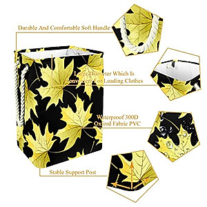 Laundry Hamper Yellow Maple Leaves Pattern Black Background Collapsible Laundry Baskets Firm Washing Bin Clothes Storage Organization for Bathroom Bedroom Dorm
